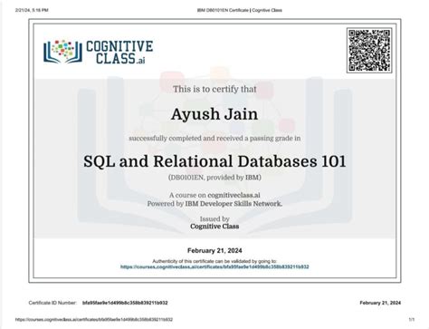 Completed Sql And Relational Databases With Cognitive Class Ayush