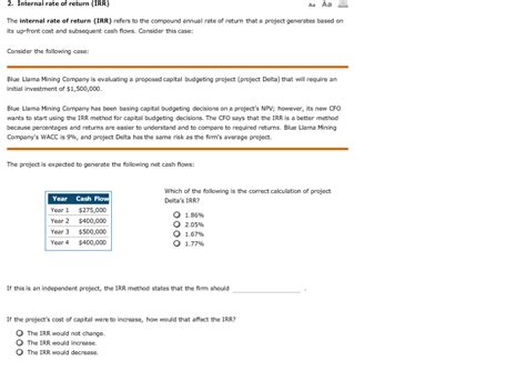 solved 2 internal rate of return irr the internal rate of