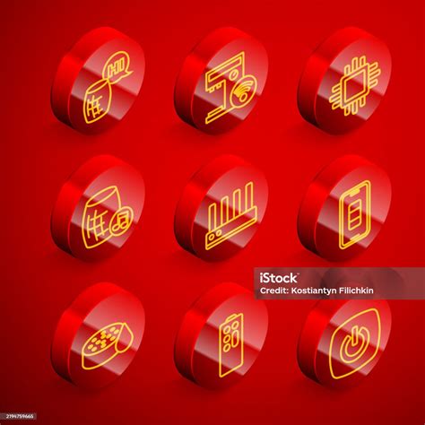 회선 음성 도우미 스마트 커피 머신 Cpu 라우터 및 Wifi 신호가 있는 프로세서 스마트폰 배터리 충전 수분 센서 및 리모컨 아이콘을 설정합니다 벡터 3차원 형태에 대한