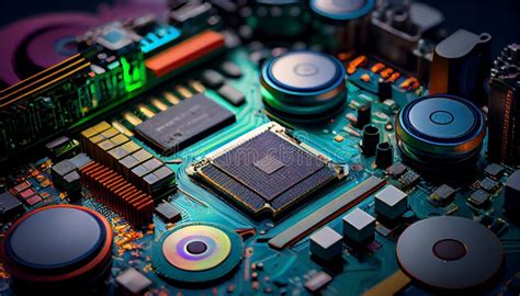 Close Up Of Computer Chip On A Part Of Electronic Printed Circuit Board Bright Colorful