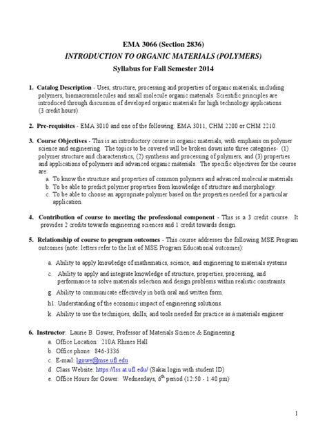 Ema3066 Abet Syllabus Fall 14 Final V3 Pdf Polymers Polymerization