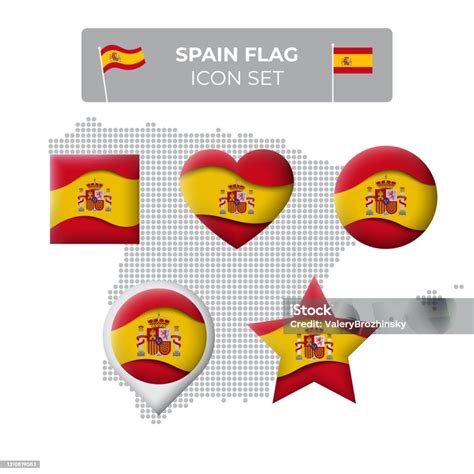 광장 심장 원 별과 포인터 지도 마커 스페인 모자이크지도의 모양에 설정 스페인 플래그 아이콘 바람에 손을 흔들며 스페인어 플래그 종이 절단 벡터 기호 아이콘 버튼 스페인에
