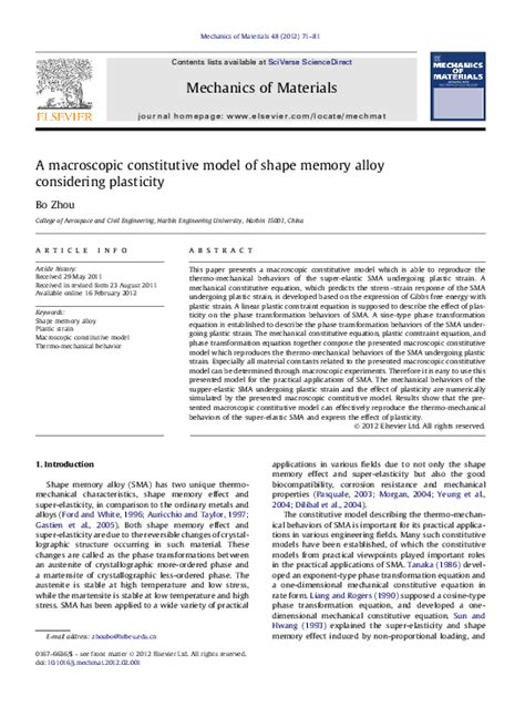 Pdf A Macroscopic Constitutive Model Of Shape Memory Alloy