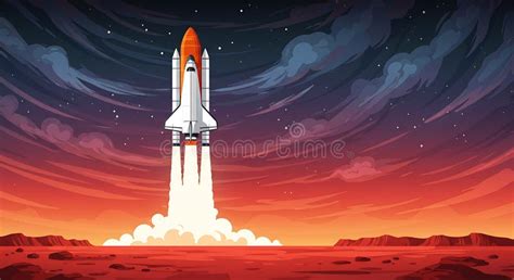 Spacecraft Launch Over A Crimson Martian Landscape Stock Illustration Illustration Of