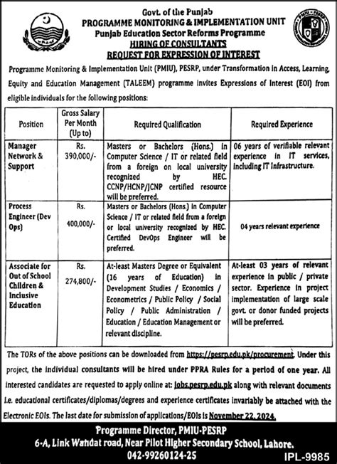 Jobs Available At Programme Monitoring And Implementation Unit 2025 Job Advertisement Pakistan