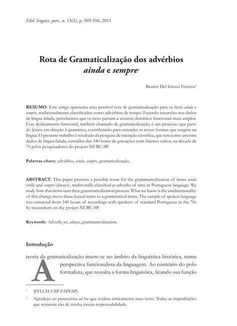 Pdf Rota De Gramaticalização Dos Advérbios Ainda E Sempre