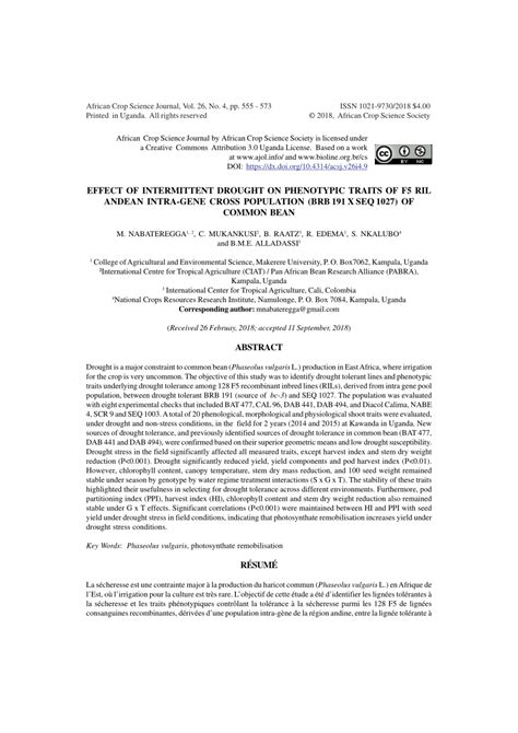 Pdf Effect Of Intermittent Drought On Phenotypic Traits Of F5 Ril
