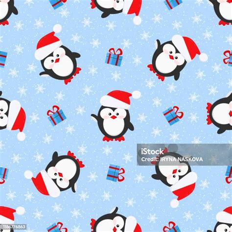 산타 클로스 빨간 크리스마스 모자 선물 파란색 배경에 눈송이에 귀여운 펭귄크리스마스 원활한 패턴 겨울에 대한 스톡 벡터 아트 및 기타 이미지 Istock