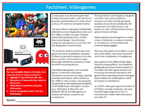 videogames factsheet sheet ict computing starter activity keywords ks3