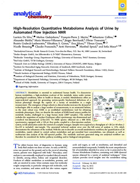 Pdf High Resolution Quantitative Metabolome Analysis Of Urine By Automated Flow Injection Nmr