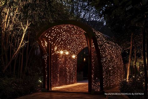 Ai创作图民宿入口设计 花园大门夜景 竹木门夜景 竹园小路门洞 拱形灯光隧道 庭院夜景灯光 廊亭灯光 生态竹编装置 凉亭透光处 竹编拱门 廊庭夜景 园林灯光设计 竹艺走廊 廊亭灯饰 禅意入口