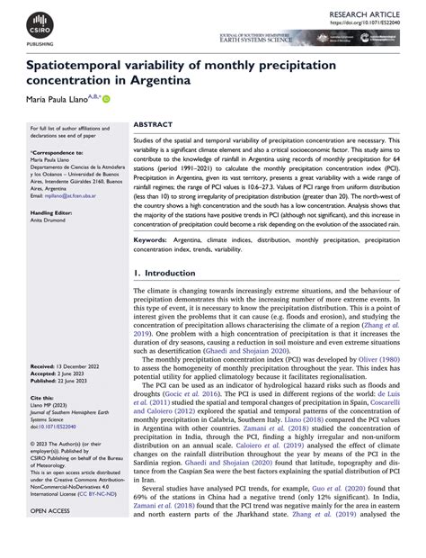 Pdf Spatiotemporal Variability Of Monthly Precipitation Concentration In Argentina