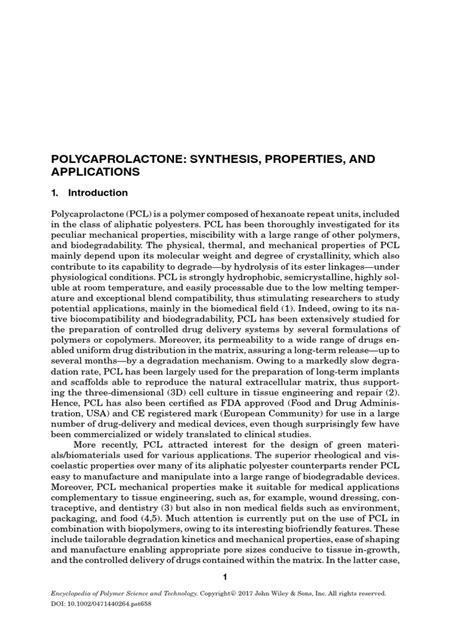 Polycaprolactone Synthesis Properties And Applications Pdf