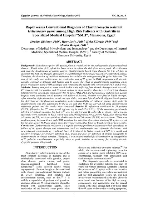 Pdf Rapid Versus Conventional Diagnosis Of Clarithromycin Resistant Helicobacter Pylori Among
