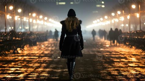Ai Generated A Woman Confidently Walking Alone On A Dimly Lit Street At