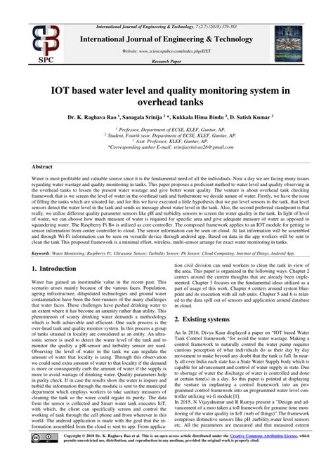 PDF IOT Based Water Level And Quality Monitoring System In Overhead Tanks