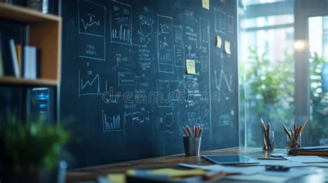 Creative Workspace With Chalkboard Filled With Notes And Charts Stock