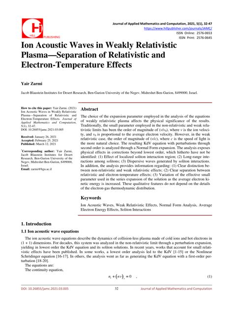 Pdf Ion Acoustic Waves In Plasma Separation Of Weakly Relativistic And Electron Temperature