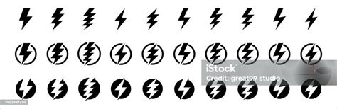 전력 아이콘입니다 천둥 번개 아이콘을 설정합니다 플래시 번개 기호 벡터 컬렉션입니다 다양한 벡터 스톡 심볼 그림이 원과 윤곽선으로 번쩍이는 벼락 전기 섬광 개념에 대한 스톡
