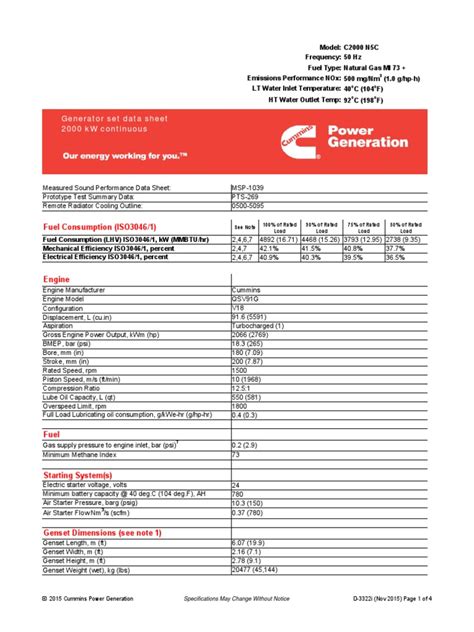 Generator Set Data Sheet 2000 Kw Continous Engines Turbocharger