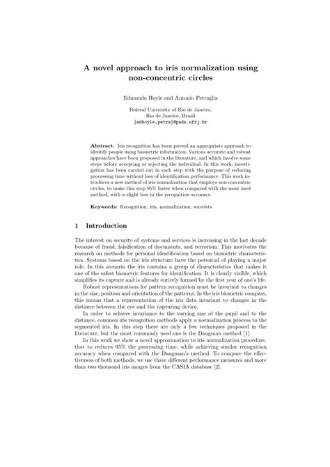 PDF A Novel Approach To Iris Normalization Using Non Concentric Circles