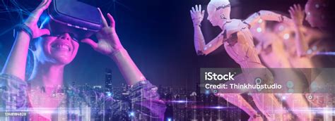 미래의 디지털 기술 메타 버스 게임 및 엔터테인먼트 재미를 가진 십대 재미 Vr 가상 현실 아바타 사이버 공간 메타 버스 미래 네온 다채로운 배경에서 스포츠 게임 3d 로봇