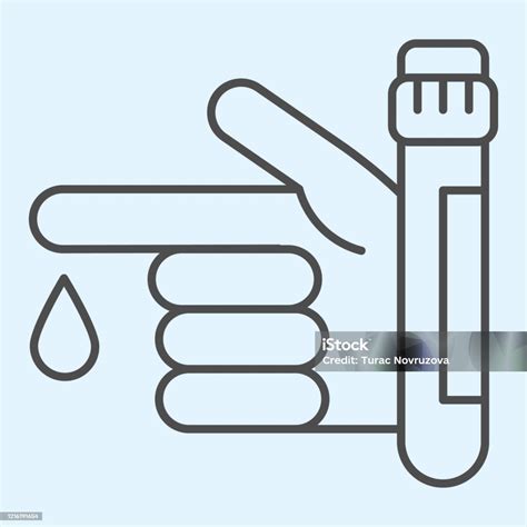 코로나 바이러스 혈액 검사 얇은 라인 아이콘 흰색 배경에 드롭 및 플라스크 윤곽 선 도면 스타일 픽토그램손 손가락 모바일 개념