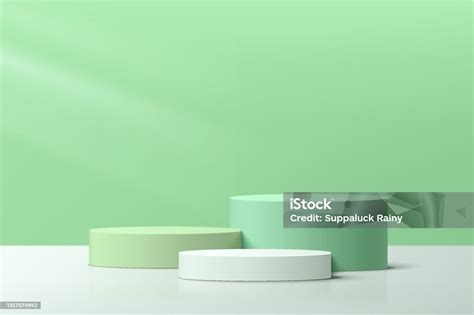 추상적 인 사실적 3d 흰색과 녹색 파란색 단계 실린더 받침대 연단 세트 파스텔 최소 벽 장면 화장품 디스플레이 프리젠 테이션 벡터 기하학적 렌더링 플랫폼 설계 받침대에