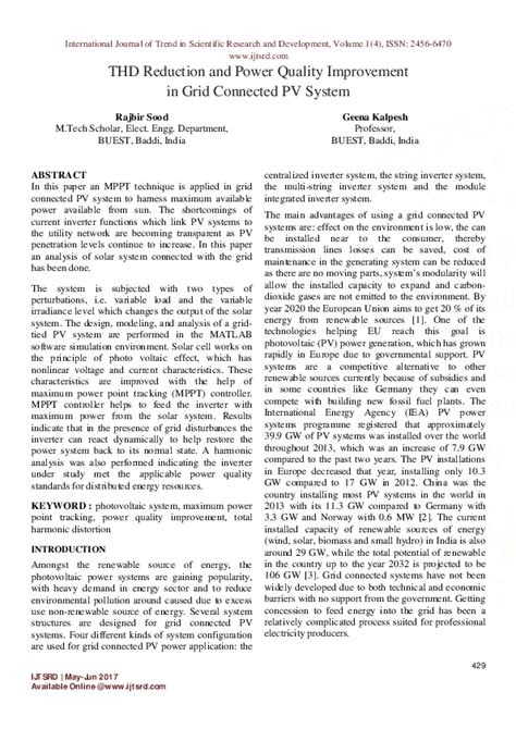 Pdf Thd Reduction And Power Quality Improvement In Grid Connected Pv System