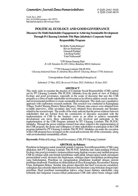 Pdf Political Ecology And Good Governance Discourse On Multi Stakeholder Engagement In