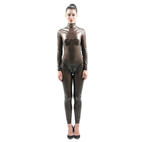 Black Latex Catsuit With 3 Way Zipper Full Body Rubber Suit For Women