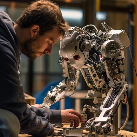 Robotics Engineer Examining Robot In Factory Premium Ai Generated Image