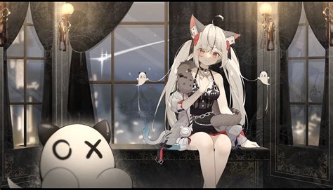 White Hair Purple Eyes Curtains Choker Stars Twintails Cat Ears