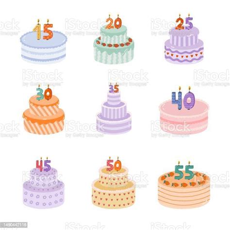 숫자의 형태로 불타는 촛불이 있는 생일 케이크 세트 매년 출생 기념일을 축하하는 디저트 스칸디나비아 스타일의 휴일 컵케이크의 양식화된 손으로 그린 클립아트 케이크에 대한