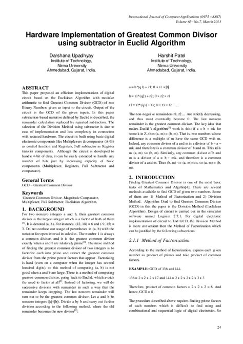 Pdf Hardware Implementation Of Greatest Common Divisor Using Subtractor In Euclid Algorithm