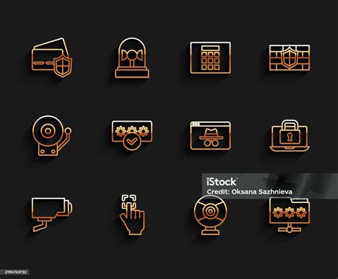 라인 보안 카메라 지문 방패가 있는 신용 카드 폴더 비밀번호 비밀번호 보호 노트북 및 잠금 및 브라우저 시크릿 창 아이콘을 설정합니다 벡터 감시에 대한 스톡 벡터 아트 및