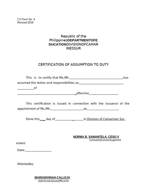 Cs Form 4 Assumption To Duty 1 Pdf