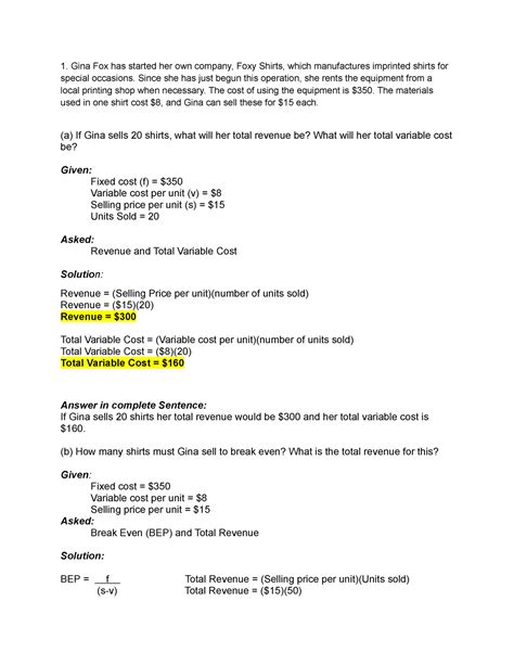Management Science Assignment Modeling Cost Volume Profit Gina Fox Has Started Her Own