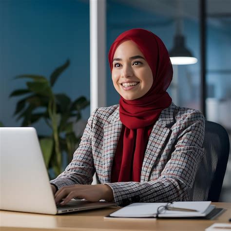 Corporate Beautiful Girl Is Wearing A Red Hijab Sitting Her Desk With