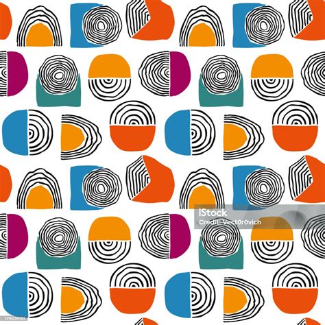 추상형 컬러풀 곡선 선 서클 반원 기하학적 모양 원활한 패턴 끝없는 반복 가능한 벡터 일러스트 텍스처 배경 오프비트에 대한 스톡 벡터 아트 및 기타 이미지 Istock