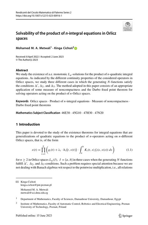 Pdf Solvability Of The Product Of N Integral Equations In Orlicz Spaces
