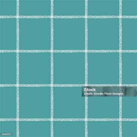 청록색 배경에 얇은 거친 단일 교차 흰색 선의 간단한 체크 무늬 이음매 없는 패턴 직물을 위한 캐주얼한 큰 정사각형 질감의 그리드 표면 디자인 0명에 대한 스톡 벡터 아트