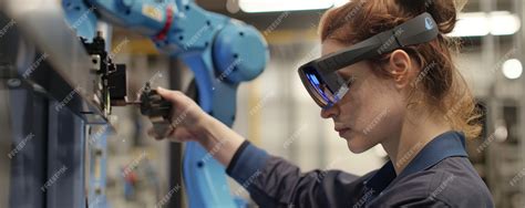 Premium Photo Female Engineer Using Augmented Reality Glasses To Interact With A Robotic Arm
