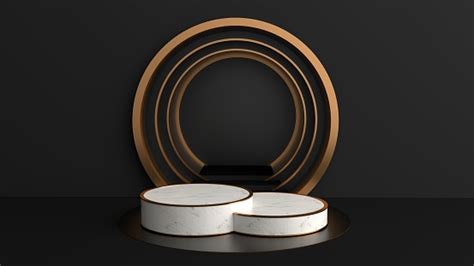 둥근 대리석 받침대 황금 색 테두리와 검은 바닥 원형 아치와 검은 벽 황금 프레임은 최소한의 검은 색 배경 일러스트 레이션 3d 렌더링에 고립 된 광고에 사용할 수 있습니다