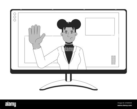 African American Female Employee Computer Monitor Black And White 2d Line Object Stock Vector