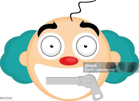 무서운 표정으로 광대의 머리 벡터 이모티콘 일러스트 만화 입에 폐쇄 침묵 개념 어릿광대 서커스 공연자에 대한 스톡 벡터 아트 및