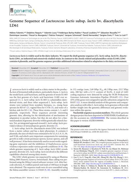 Pdf Genome Sequence Of Lactococcus Lactis Subsp Lactis Bv Diacetylactis Ld61