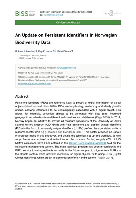 Pdf An Update On Persistent Identifiers In Norwegian Biodiversity Data