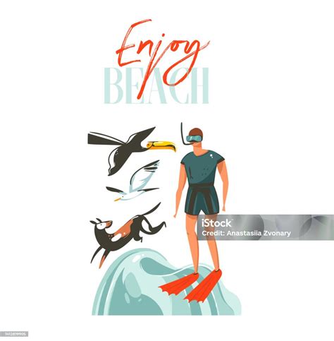 손 그린된 벡터 추상적인 그래픽 만화 여름 시간 평면 그림 기호 다이빙 소년 개 큰부리새 조류와 인용 흰색 배경에 고립 즐기십시오 비치 인쇄 술 개에 대한 스톡 벡터 아트