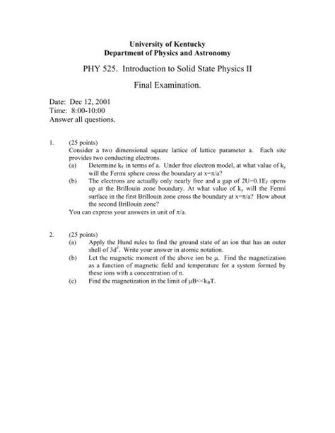 Phy 525 Introduction To Solid State Physics Ii Final Examination